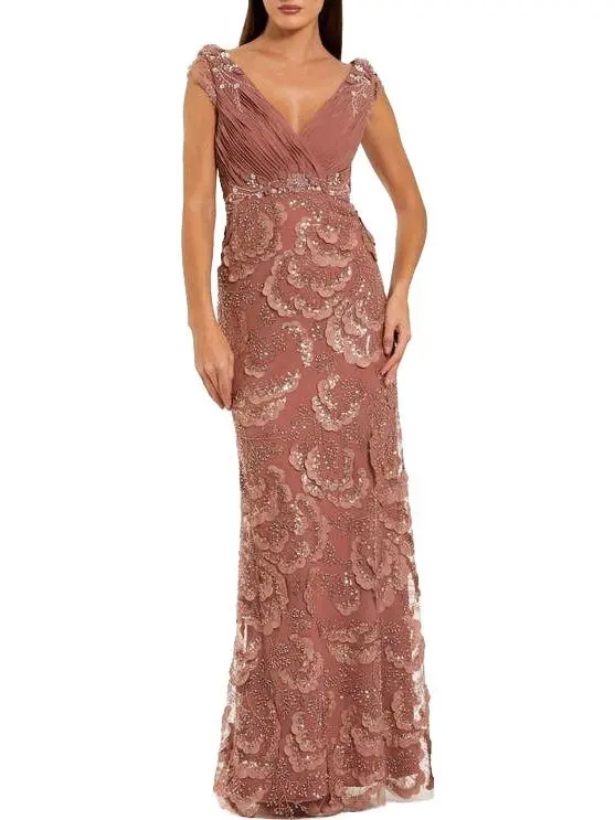Mac Duggal Floral Beaded Chiffon V-neck Gown - Rose