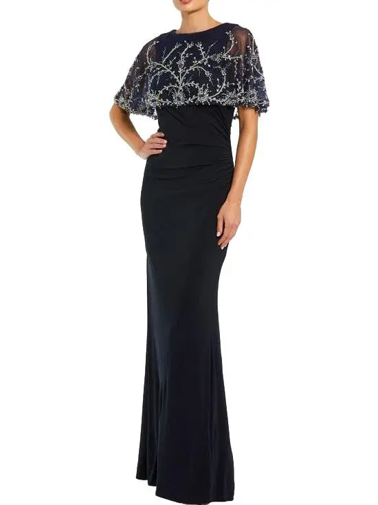 Mac Duggal Fitted Jersey Embellished Cape Gown - Midnight