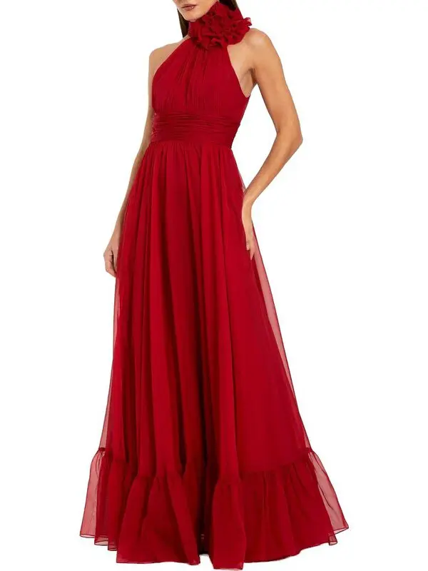 Mac Duggal Sleeveless Mock Neck Chiffon Gown With 3d Flower - Deep Red