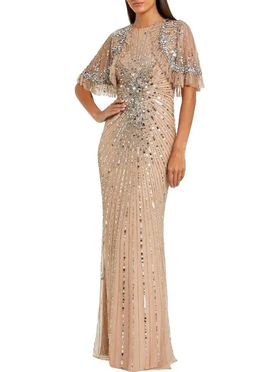 Mac Duggal Beaded Mesh Fitted Capelet Gown - Nude Silver