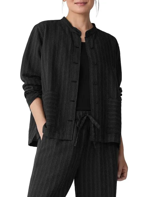 Eileen Fisher Stripe Mandarin Collar Organic Cotton Blend Shirt Jacket - Black