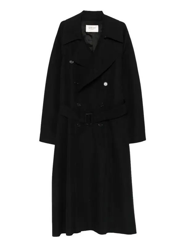 Saint Laurent Double-breasted Long Coat In Grain De Poudre - Black