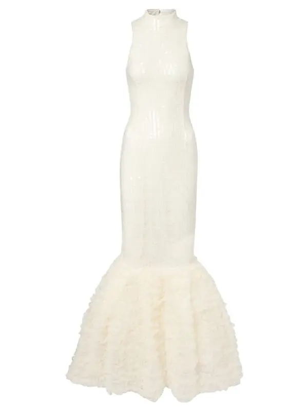 ROTATE BY BIRGER CHRISTENSEN Ruffled Sequined Halterneck Gown - White