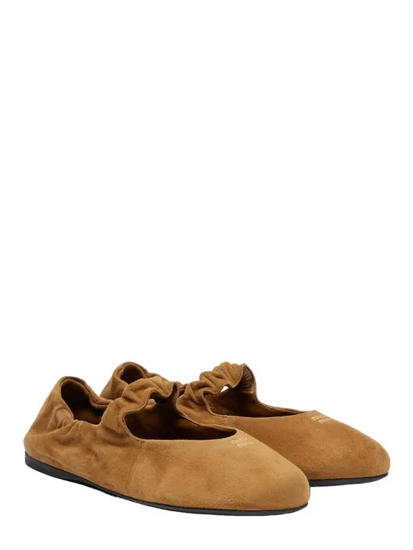 Miu Miu Ruches Suede Mary Jane Flats - Beige