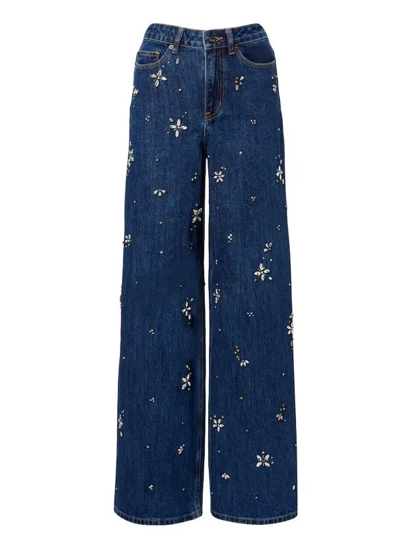SELF-PORTRAIT Embellished High-rise Wide-leg Jeans - Blue