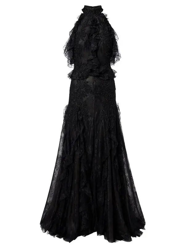 Costarellos Halterneck Lace Gown - Black