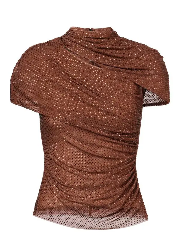 SELF-PORTRAIT Crystal-embellished Draped Mesh Top - Brown