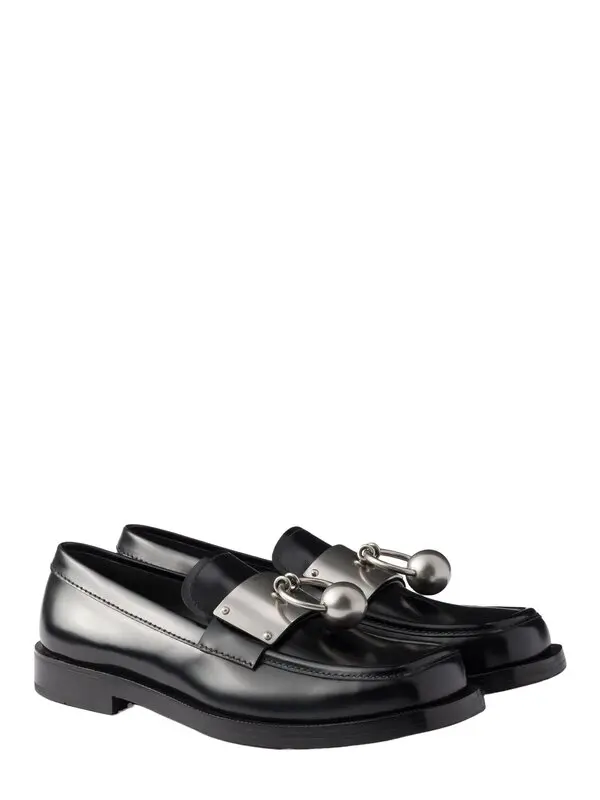 Prada Brushed Leather Loafers With Metal Ring - Black