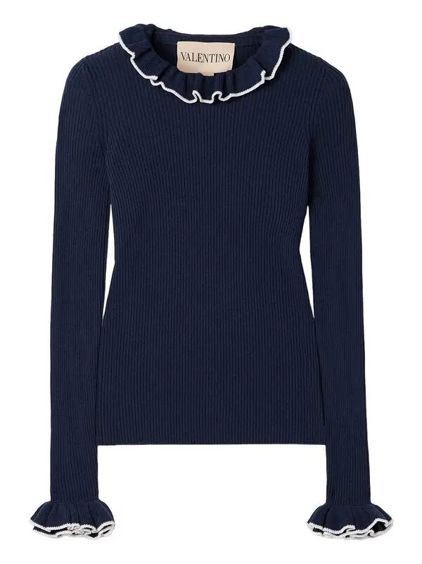 Valentino Garavani Ruffled Ribbed Wool Sweater - Blue