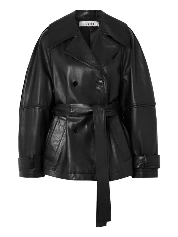 RÓHE Belted Double-breasted Leather Jacket - Black