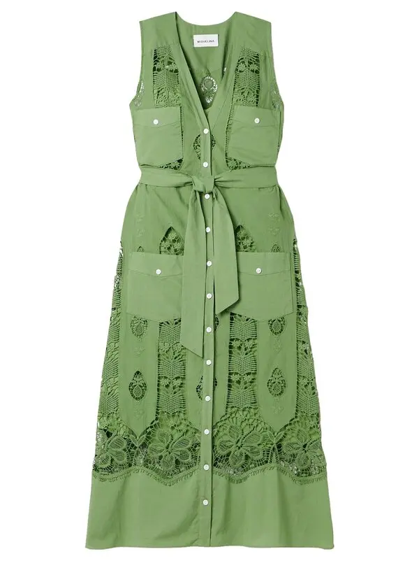 Miguelina Alexia Belted Embroidered Cotton-voile And Lace Midi Dress - Green