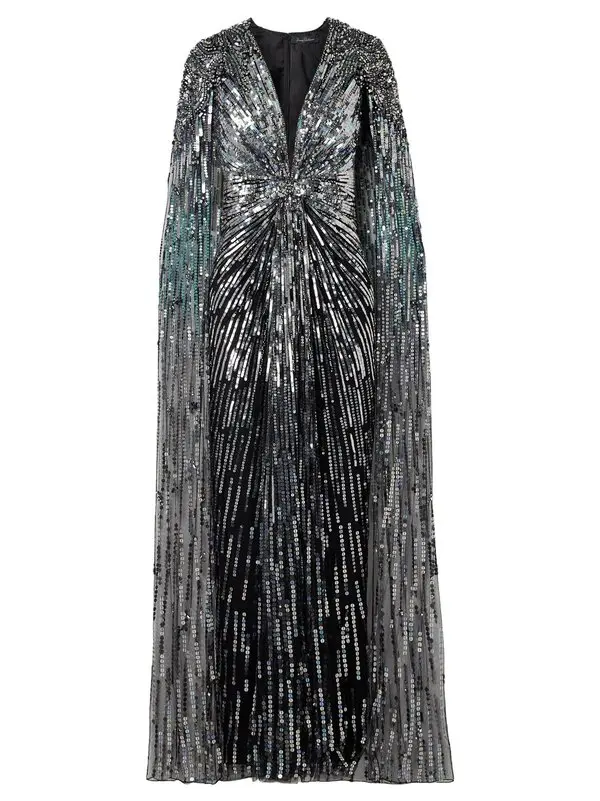 Jenny Packham Cape-effect Embellished Tulle Gown - Black
