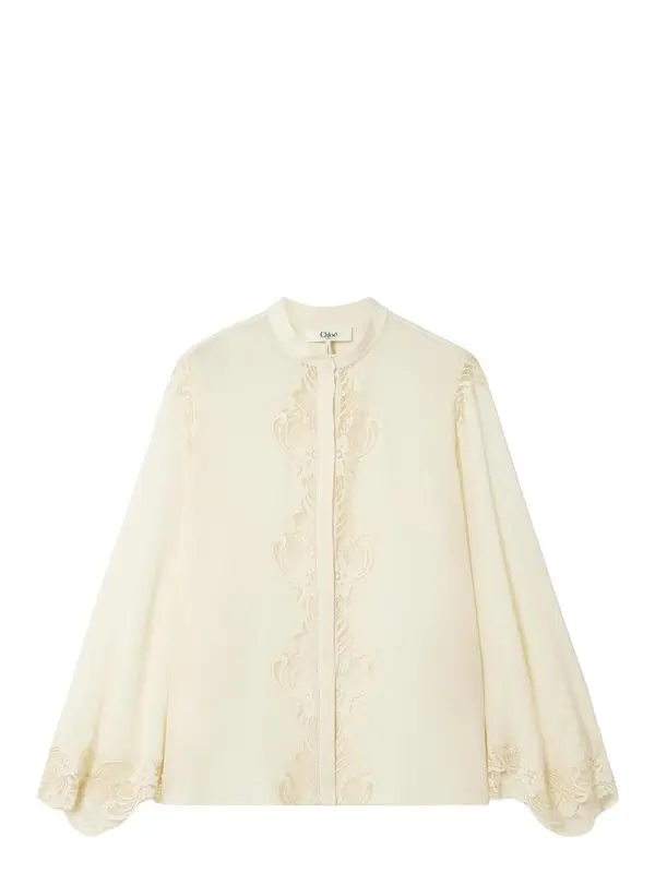 Chloé Embroidered Lace-trimmed Silk-georgette Blouse - Neutrals