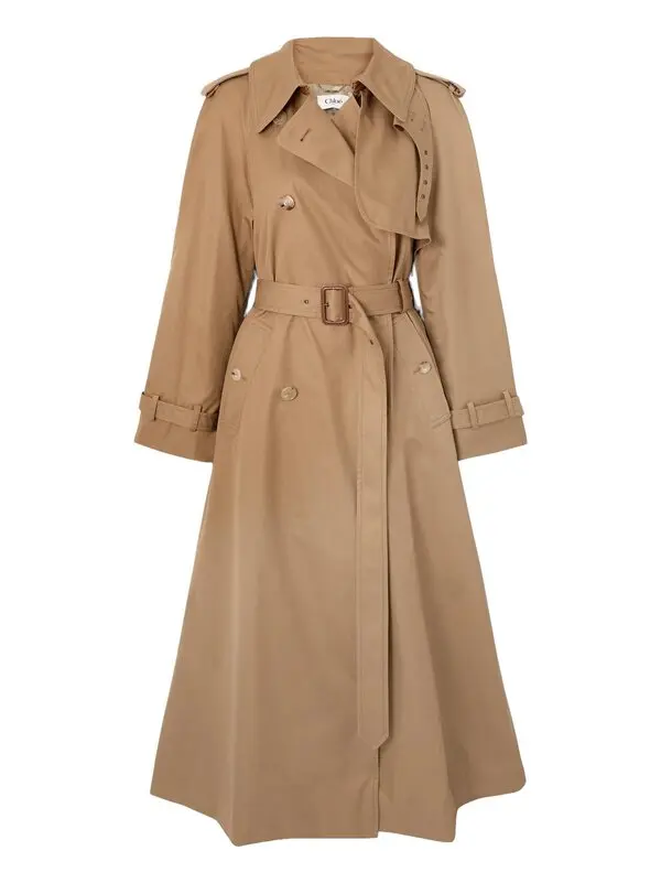Chloé Double-breasted Leather-trimmed Cotton-gabardine Trench Coat - Brown