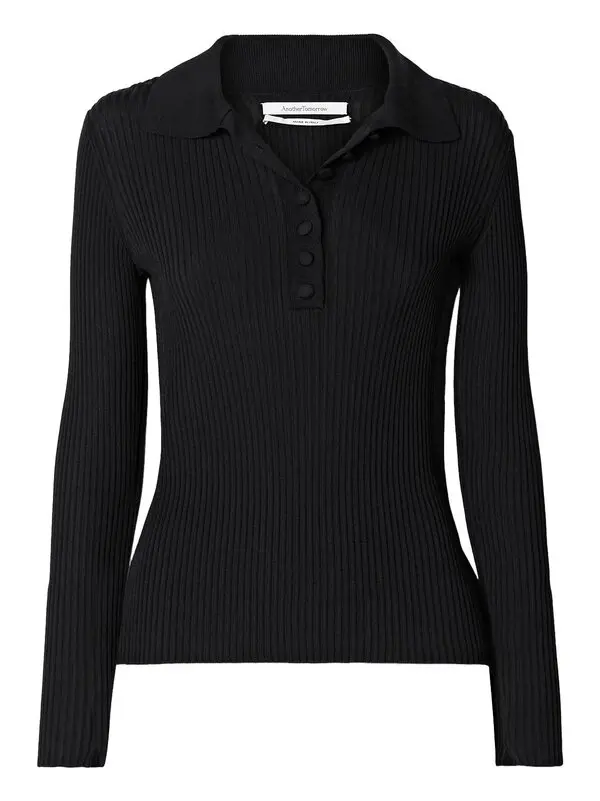 Another Tomorrow Ribbed-knit Polo Sweater - Black
