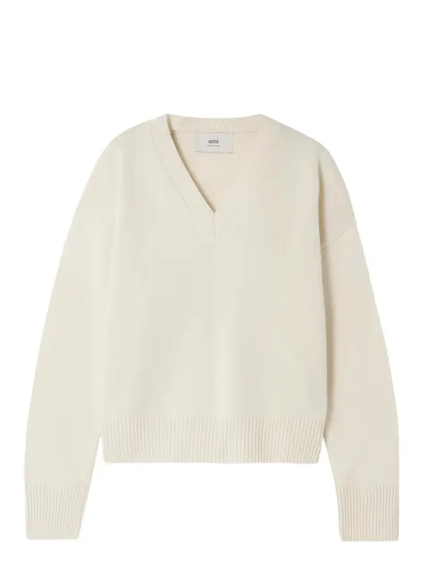 Ami Oversized Embroidered Wool And Cashmere-blend Sweater - Ivory