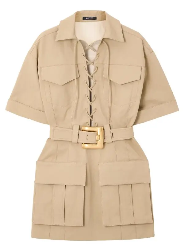 Balmain Belted Cotton-gabardine Mini Dress - Neutrals