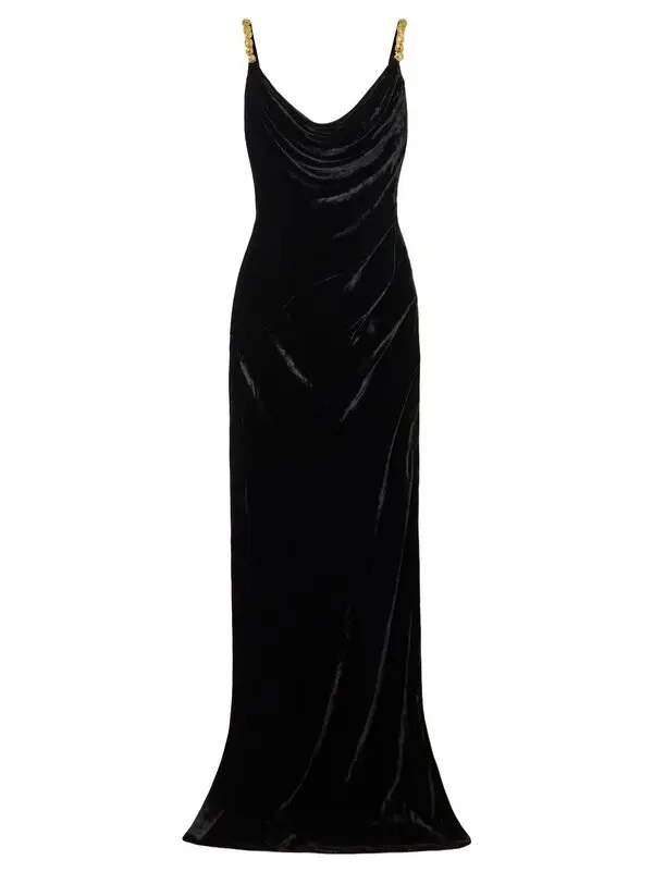 Balmain Embellished Draped Velvet Maxi Dress - Black