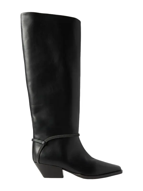 Brunello Cucinelli Bead-embellished Leather Knee Boots - Black