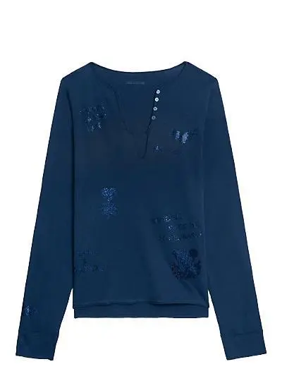Zadig&Voltaire Tuni Henley-collar Rhinestone-embellished T-shirt - Blueberry