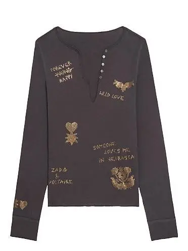 Zadig&Voltaire Tuni Henley-collar Rhinestone-embellished T-shirt - Dark Chocolate