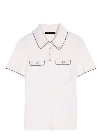 Maje Flap-pocket Ribbed Stretch-knit Polo Shirt - Ecru
