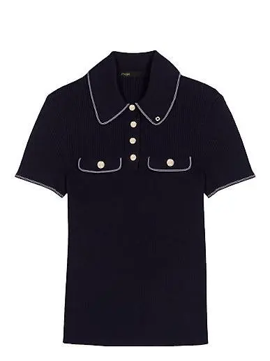Maje Flap-pocket Ribbed Stretch-knit Polo Shirt - Navy