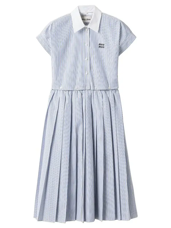Miu Miu Striped Short-sleeve Midi Shirt Dress - Bianco Celeste