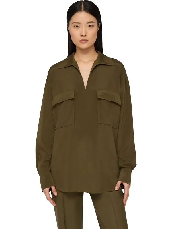 Lafayette 148 New York Collared Popover Blouse - Forage Green