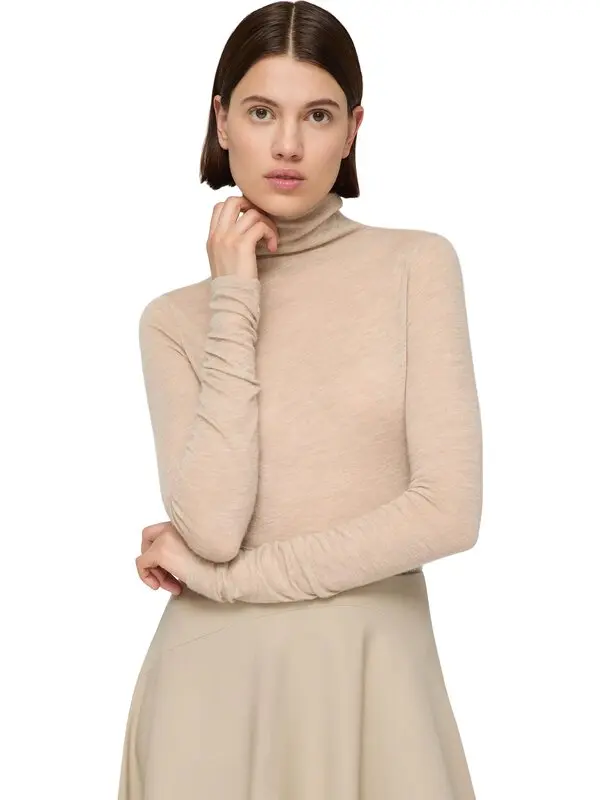 Lafayette 148 New York Cashmere Jersey Turtleneck Top - Sandstone Melange
