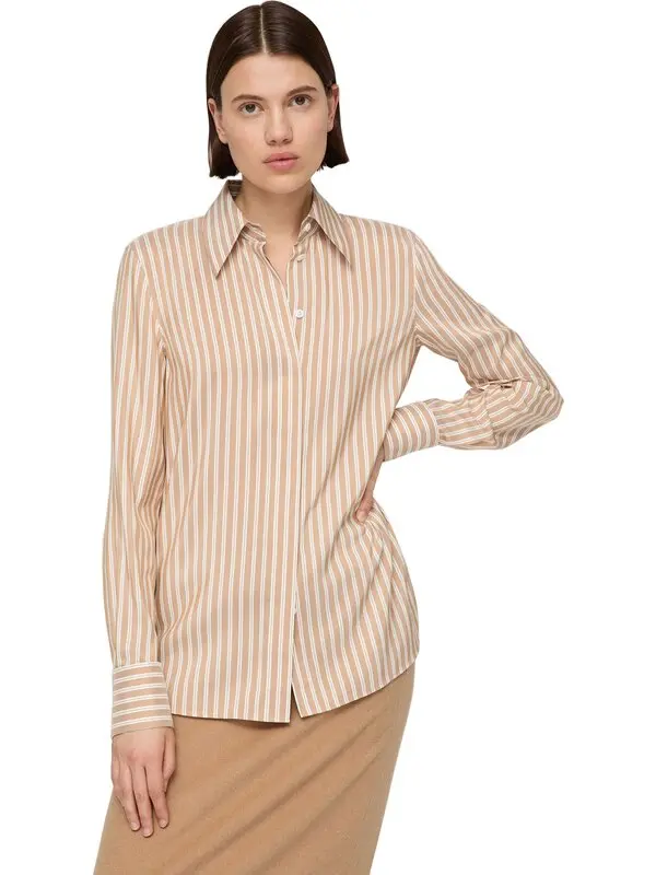 Lafayette 148 New York Striped Silk French Cuff Blouse - Camel Multi