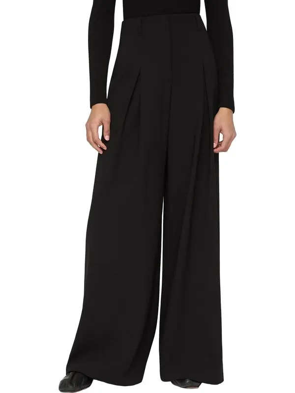 Lafayette 148 New York Wool Double Face Pleated Wide Leg Pant - Black