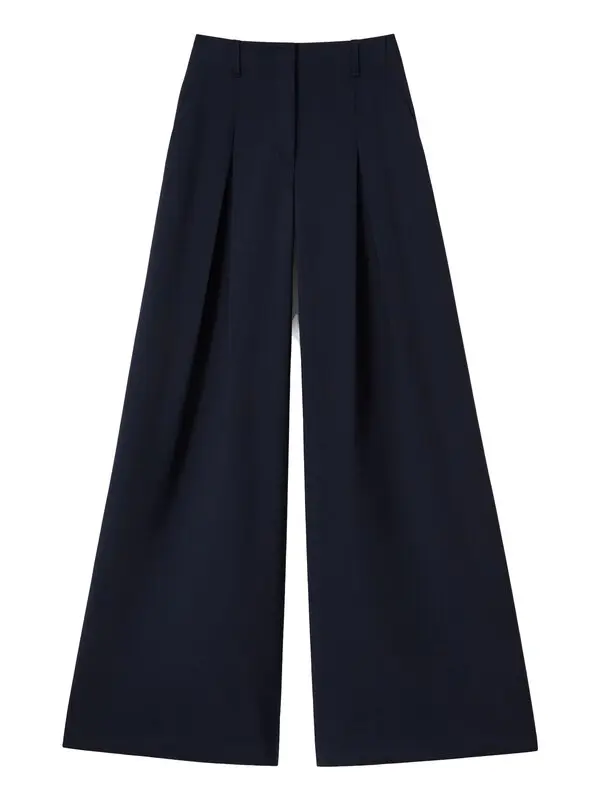 Lafayette 148 New York Wool Double Face Pleated Wide Leg Pant - Blue Ink