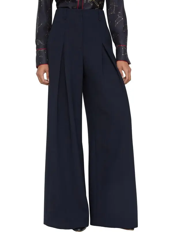 Lafayette 148 New York Wool Double Face Pleated Wide Leg Pant - Blue Ink