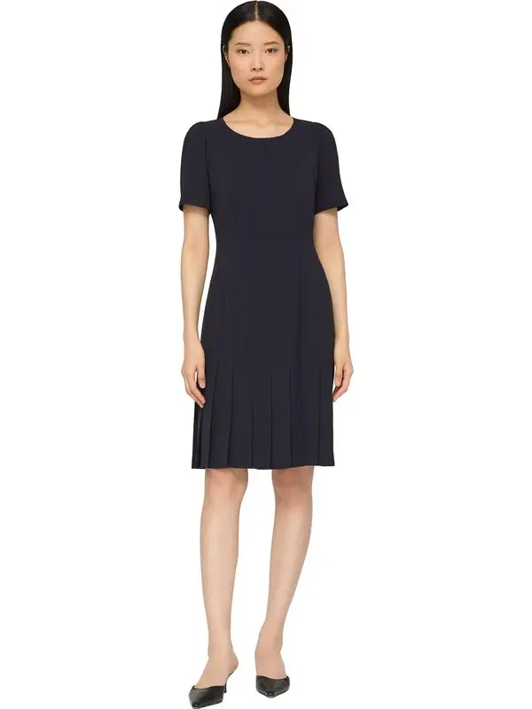 Lafayette 148 New York Petite Crepe Pleated Short Sleeve Dress - Blue Ink
