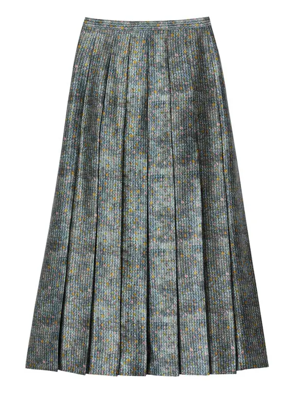 Lafayette 148 New York Textile Print Silk Stretch Satin Pleated Midi Skirt - Bluebell Multi