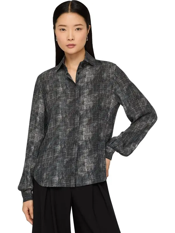 Lafayette 148 New York Houndstooth Print Silk Chiffon Blouse - Black Multi
