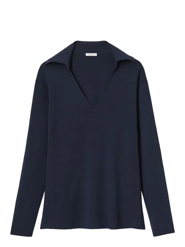 Lafayette 148 New York Crepe Ribbed Knit Collared Pullover - Blue Ink