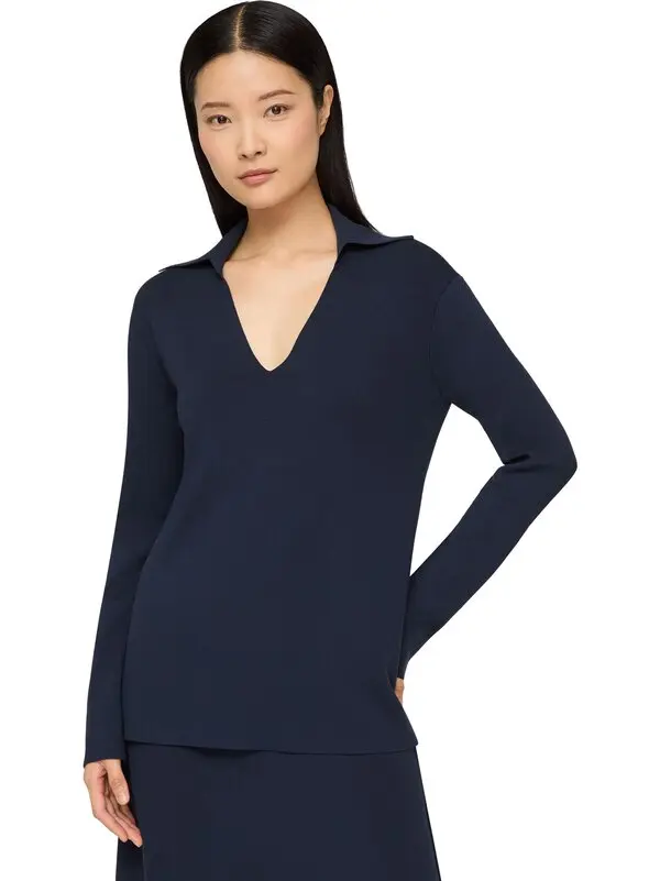 Lafayette 148 New York Crepe Ribbed Knit Collared Pullover - Blue Ink
