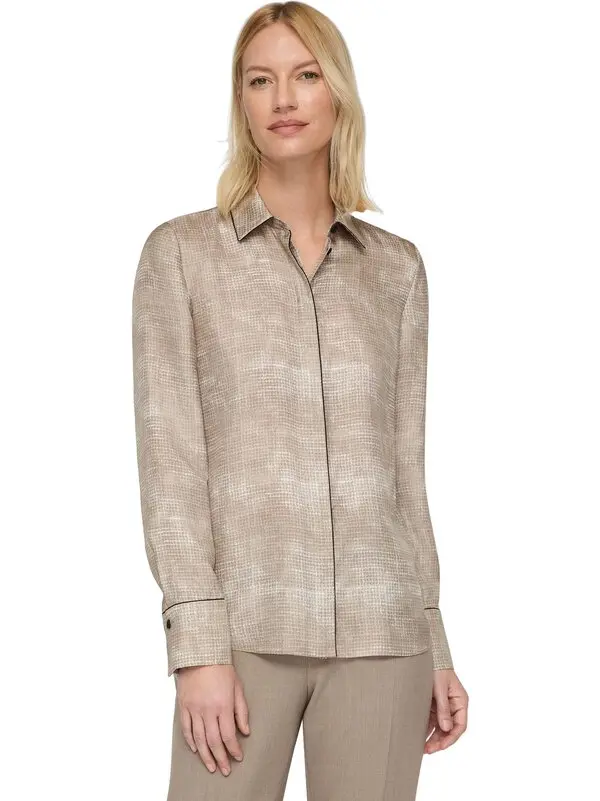 Lafayette 148 New York Houndstooth Silk Button Blouse - Hickory Multi