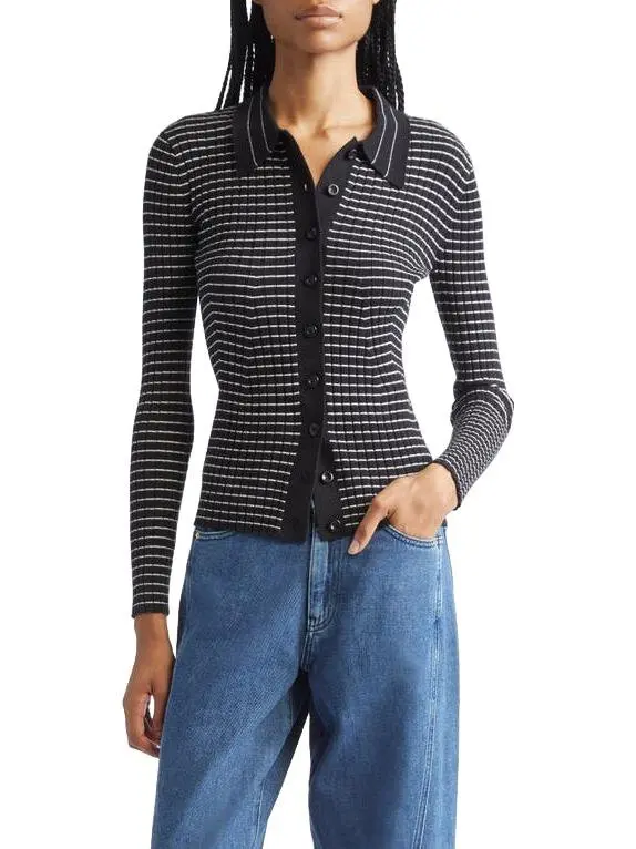 Emporio Armani Striped Ribbed Collared Cardigan - Black