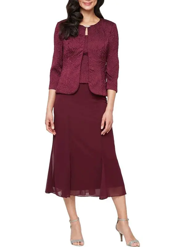 Alex Evenings Jacquard Cocktail Dress With Jacket - Wine