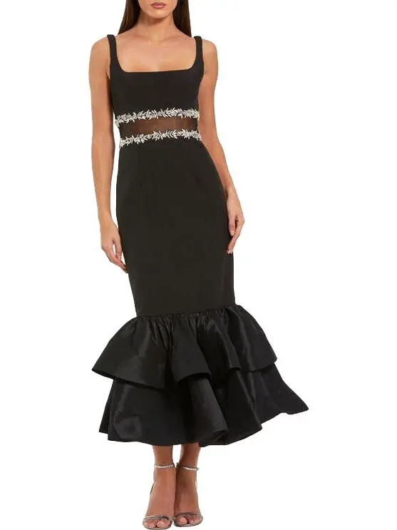 Mac Duggal Crepe Midi Dress With Jewel Detail And Ruffle Hem - Black