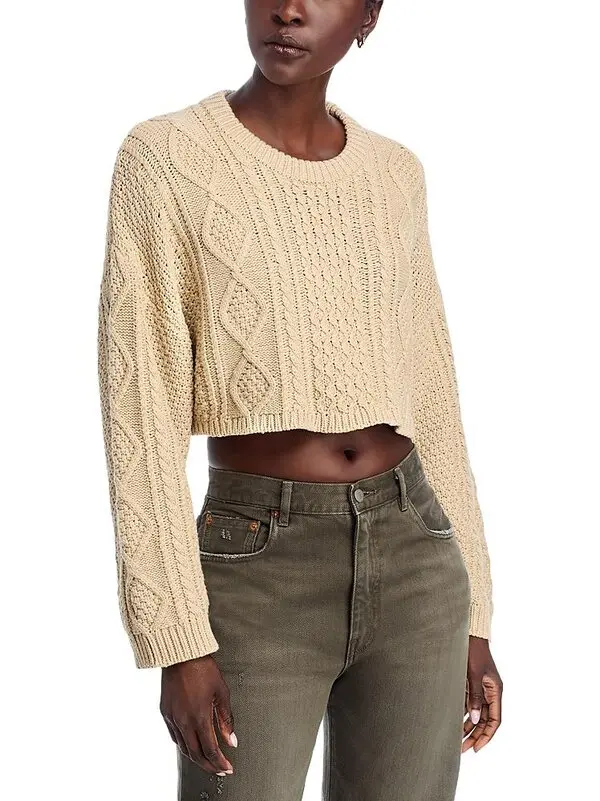 Denimist Cropped Cable Knit Crewneck Sweater - Heather Beige