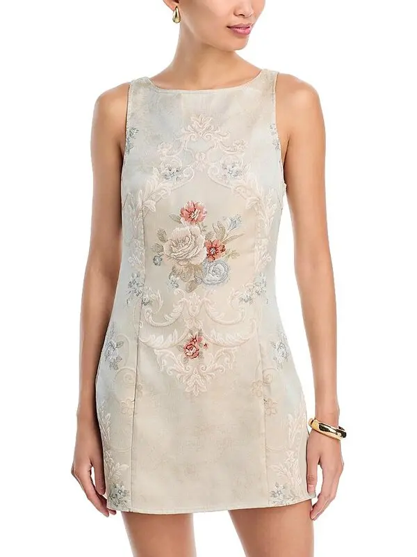 Aqua Jacquard Rose Mini Dress - Ivory