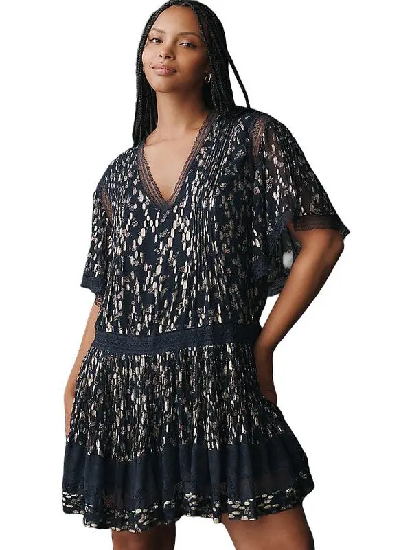 Maeve V-neck Lurex Tiered Mini Dress - Navy Floral Combo