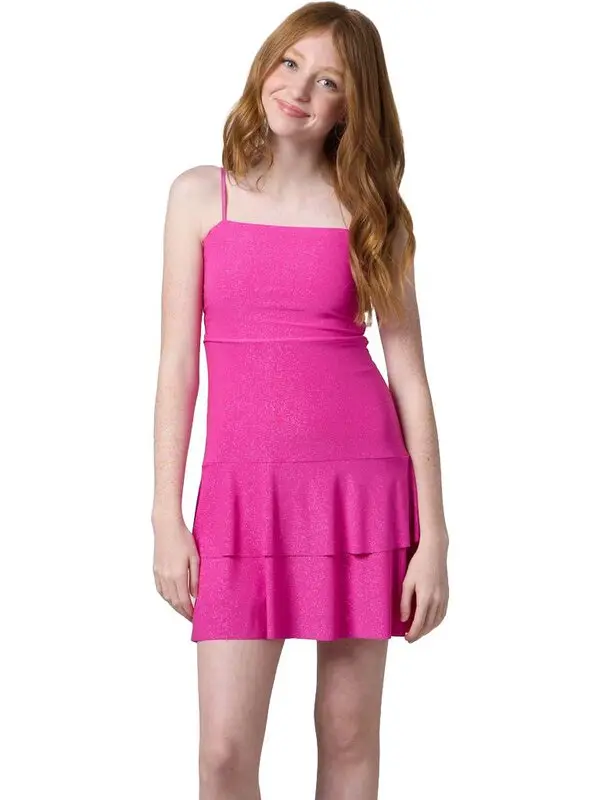 UN DEUX TROIS Glitter Bow-back Tiered Dress - Fuchsia