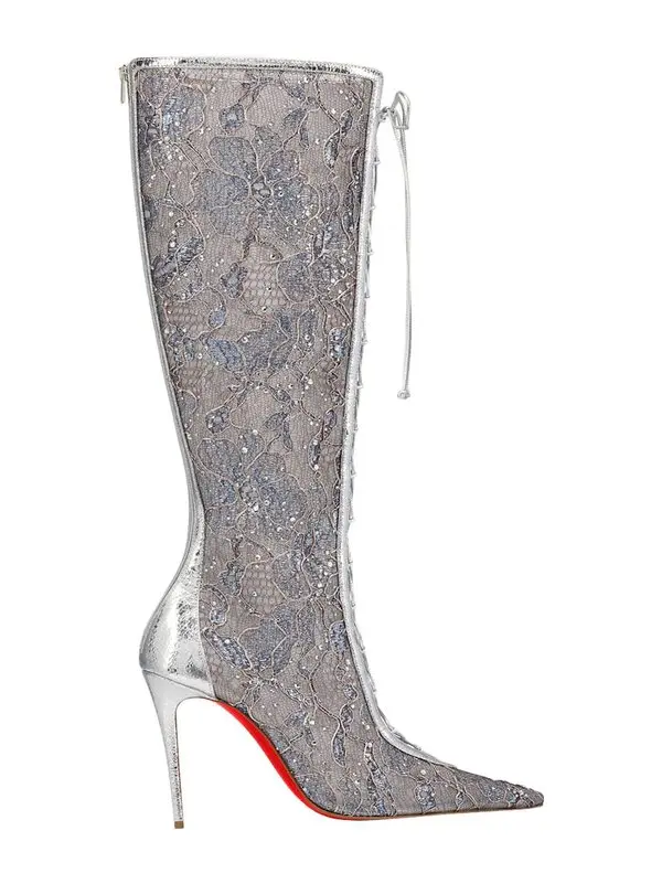 CHRISTIAN LOUBOUTIN Lace Strass Knee-high Boots With Red Sole - Silver
