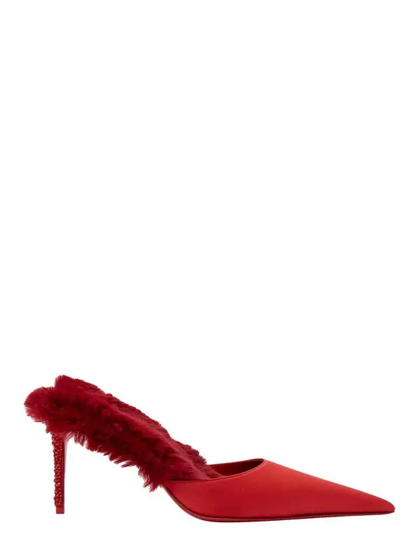 CHRISTIAN LOUBOUTIN Km Faux Fur Satin Mule Pumps - Loubi Red