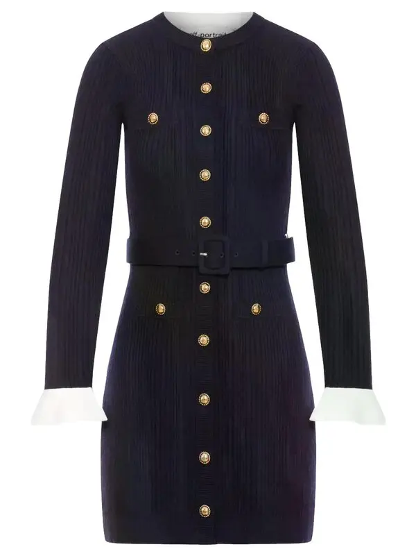 SELF-PORTRAIT Ribbed Knit Button-front Dress - Blue